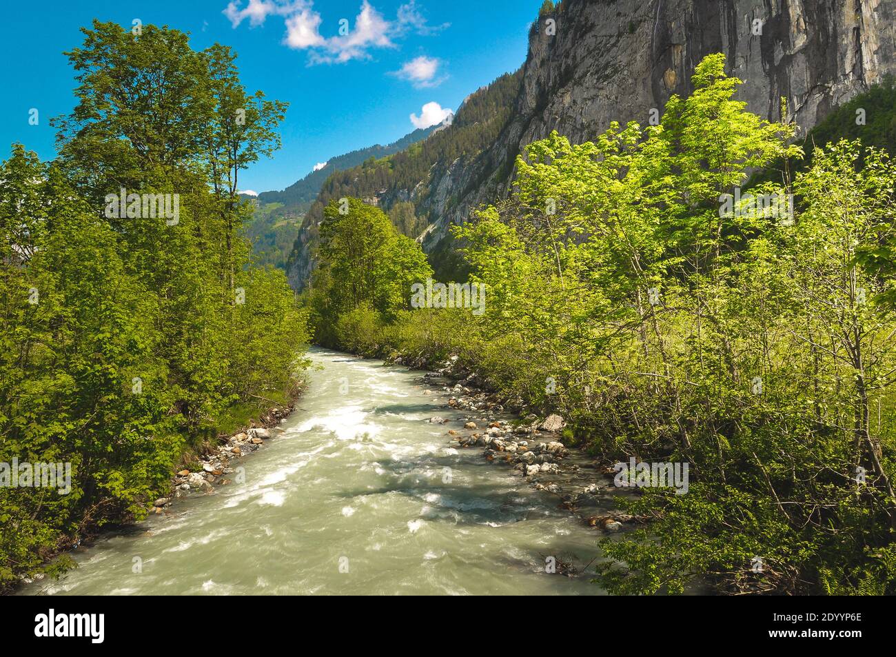 Beautiful Swiss Alps Valley With Waterfall and a River Stock Photo - Alamy