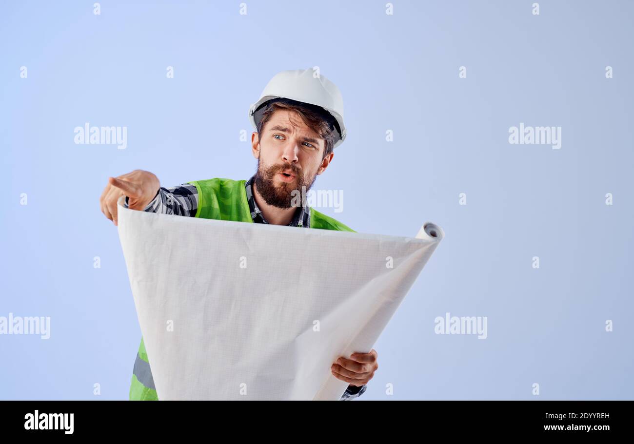 man in working form drawings documents professional work construction ...