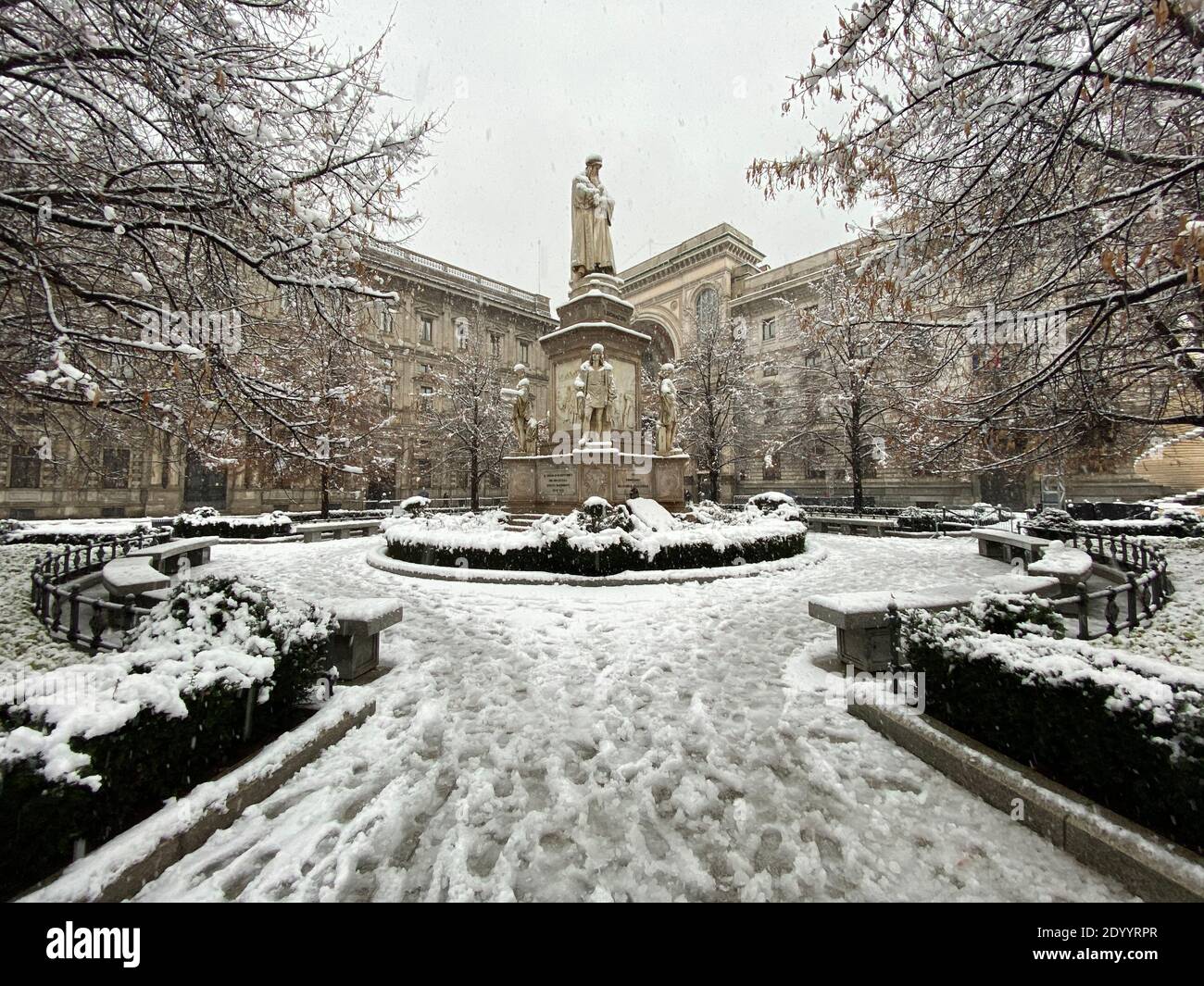 Milan, Italy - December 28, 2020: street view of Milan during the snow ...
