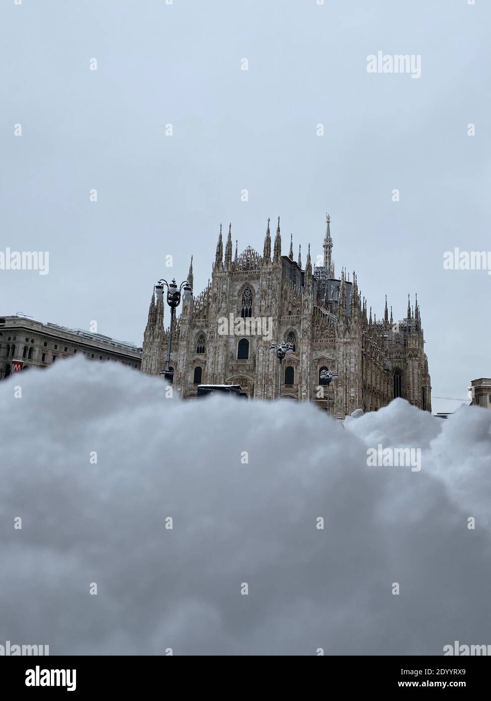 Milan, Italy - December 28, 2020: street view of Milan during the snow ...