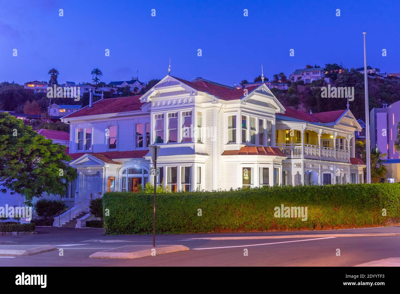 Night view of historical buildings in the center of Napier, New Zealand ...