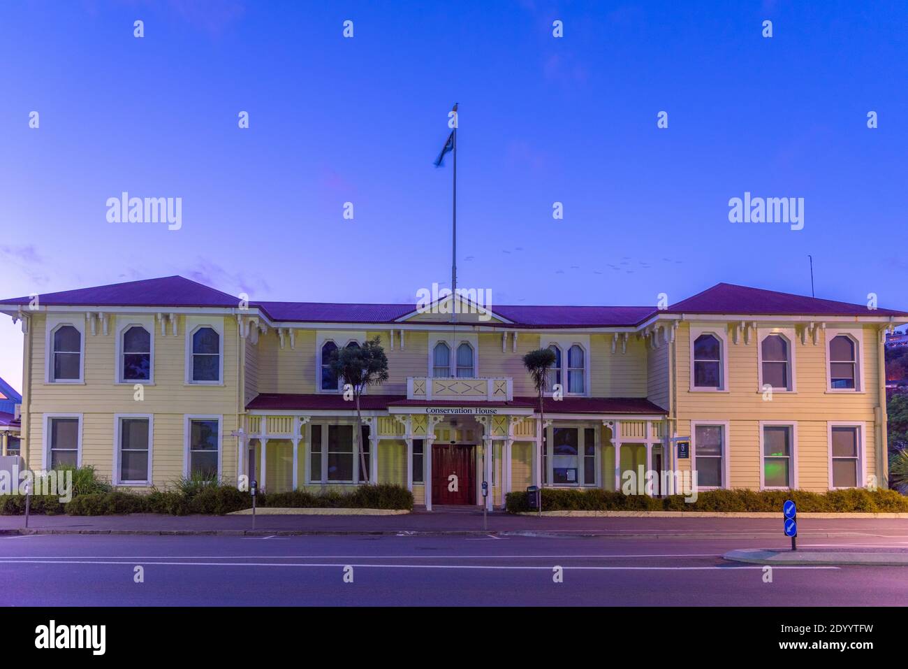 Night view of conservation house in the center of Napier, New Zealand ...