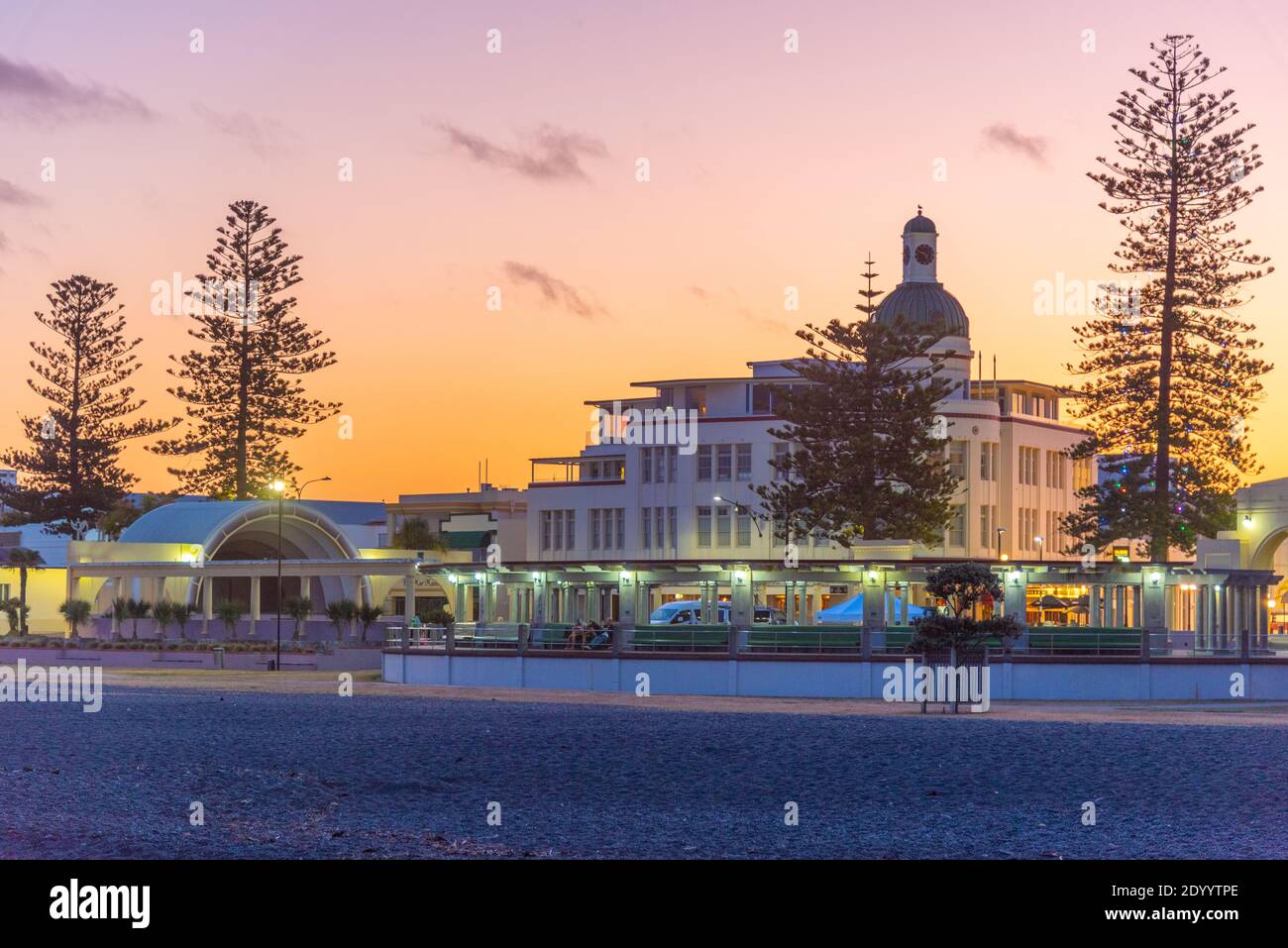 Night view of historical buildings in the center of Napier, New Zealand ...