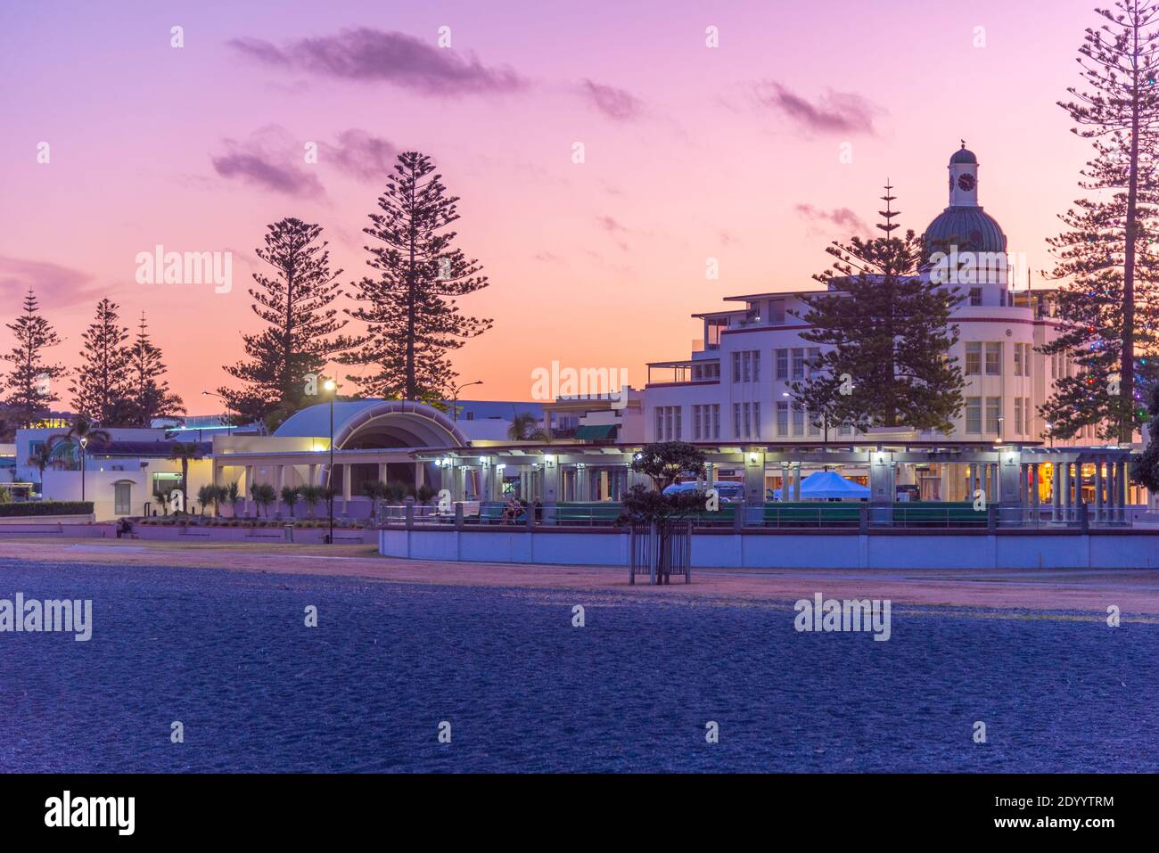 Night view of historical buildings in the center of Napier, New Zealand ...
