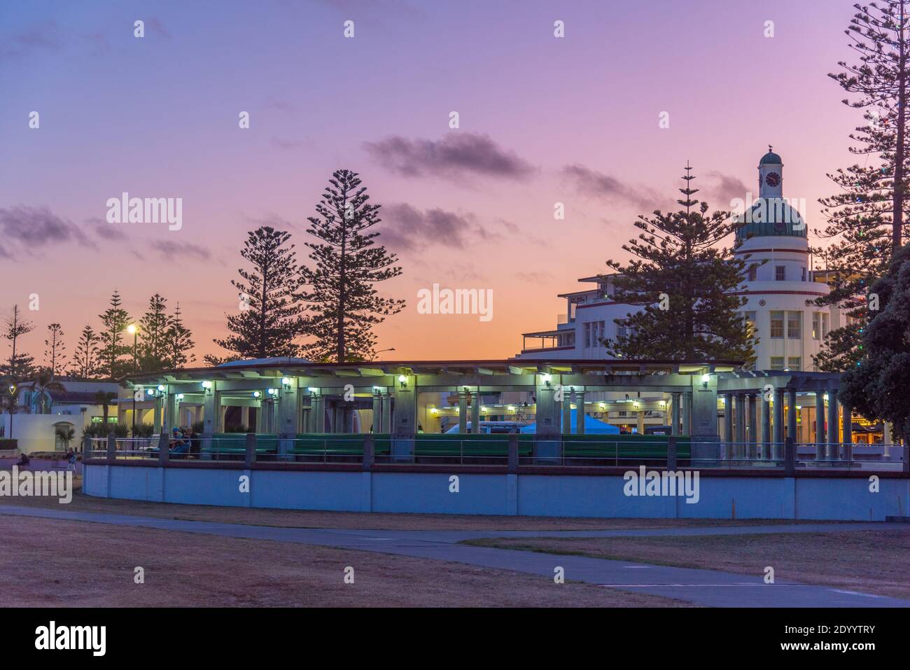 Night view of historical buildings in the center of Napier, New Zealand ...