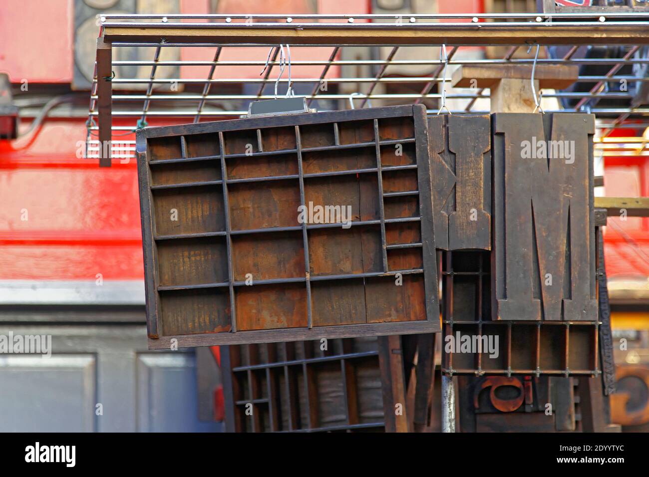 Vintage Wooden Letterpress Shelf at Antique Market in London Stock ...