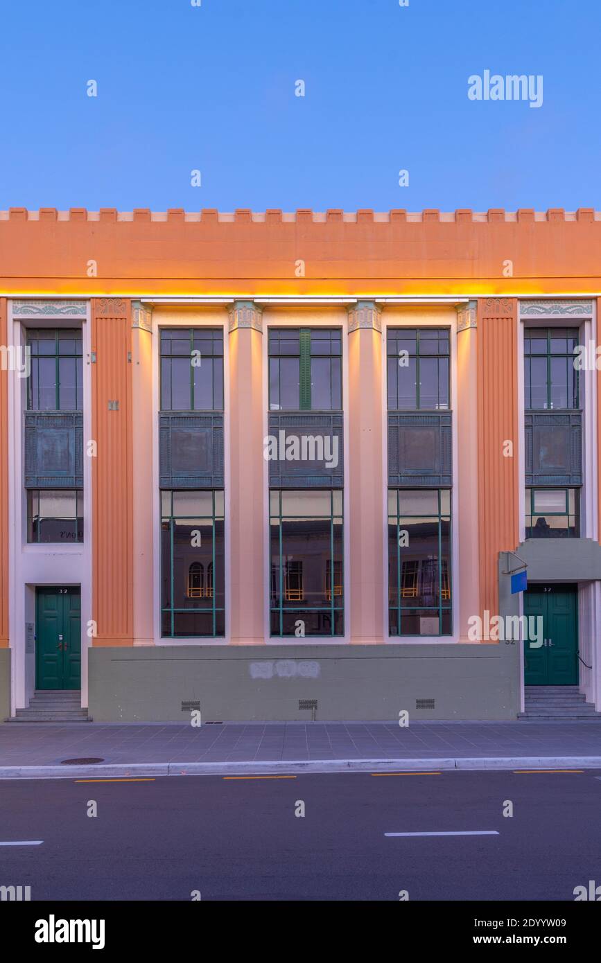 Night view of historical buildings in the center of Napier, New Zealand ...