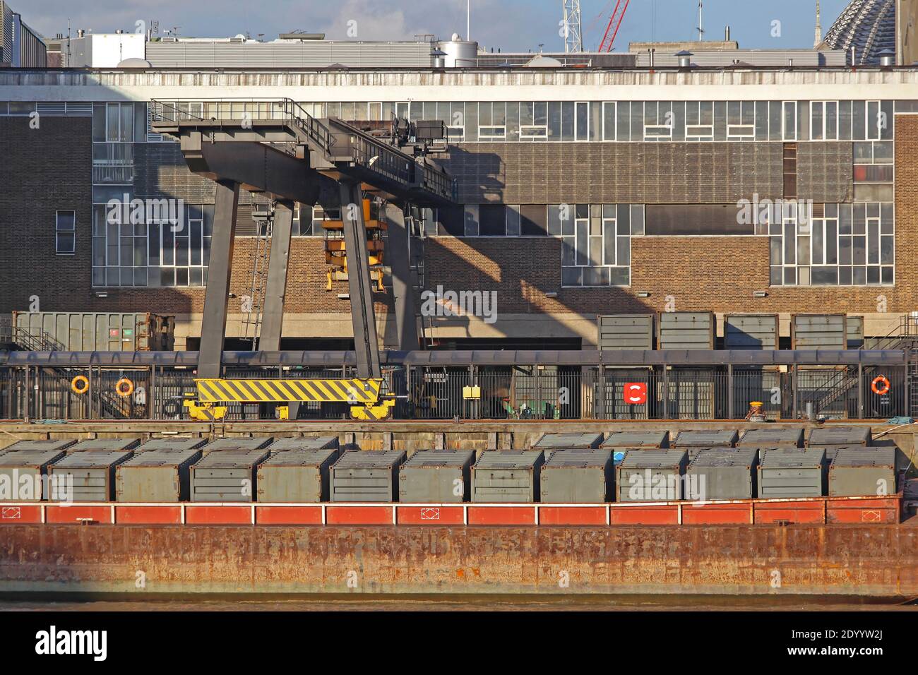 Environmental Waste Management Containers and Barge at Wharf in London ...