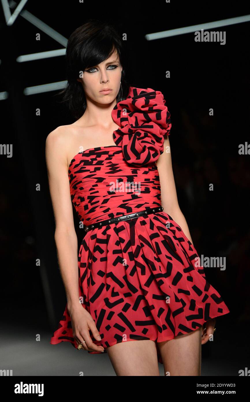 A model displays a creation by designer Hedi Slimane for Saint-Laurent ...