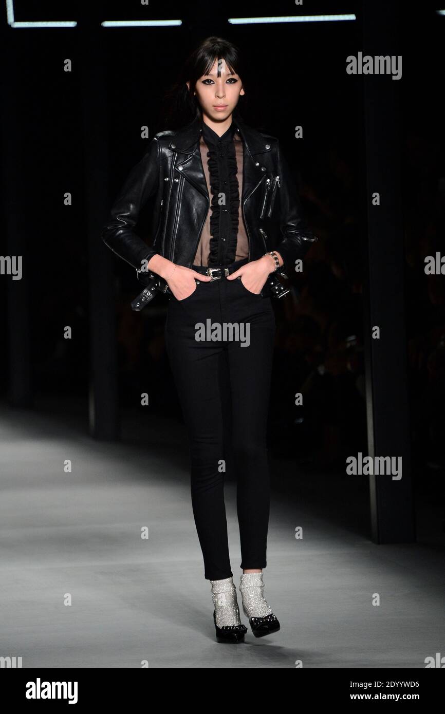 A model displays a creation by designer Hedi Slimane for Saint-Laurent ...