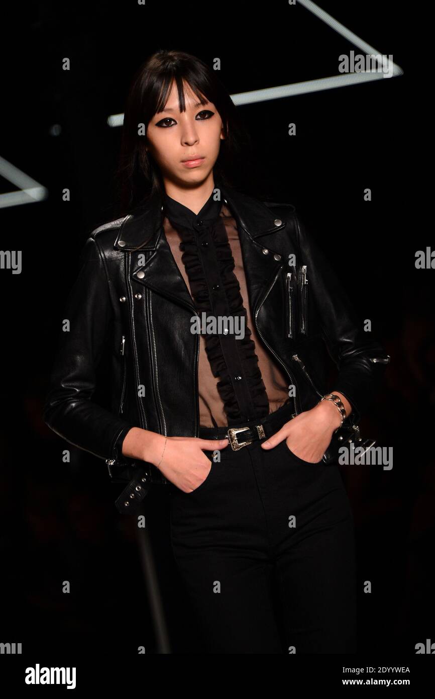 A model displays a creation by designer Hedi Slimane for Saint-Laurent ...