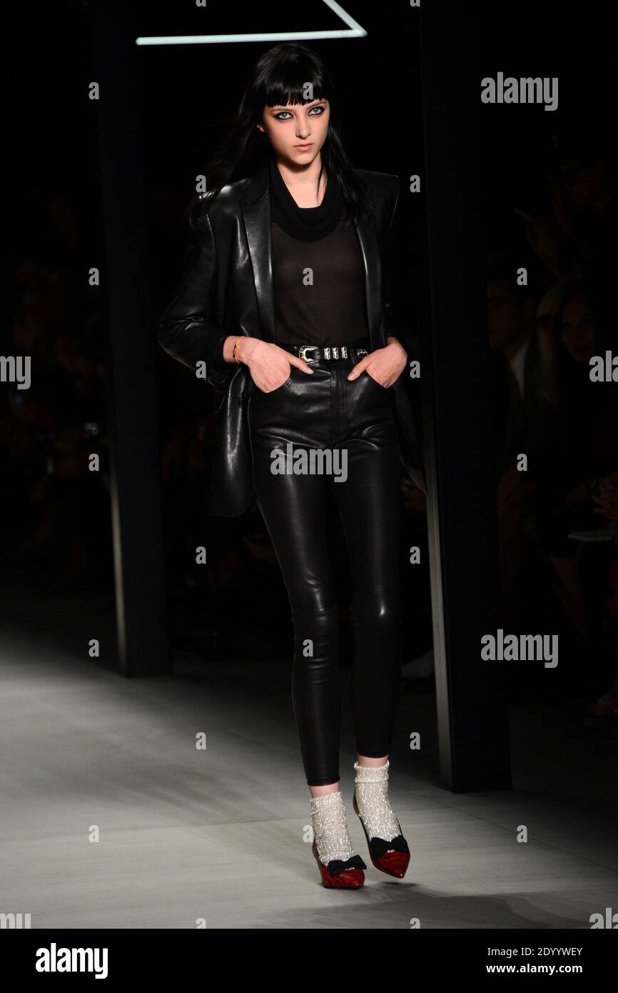 A model displays a creation by designer Hedi Slimane for Saint-Laurent ...