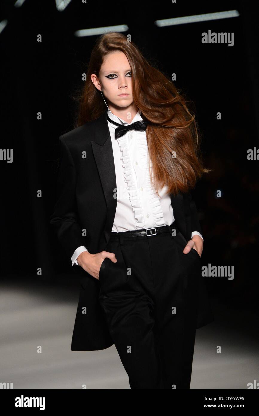 A model displays a creation by designer Hedi Slimane for Saint-Laurent ...