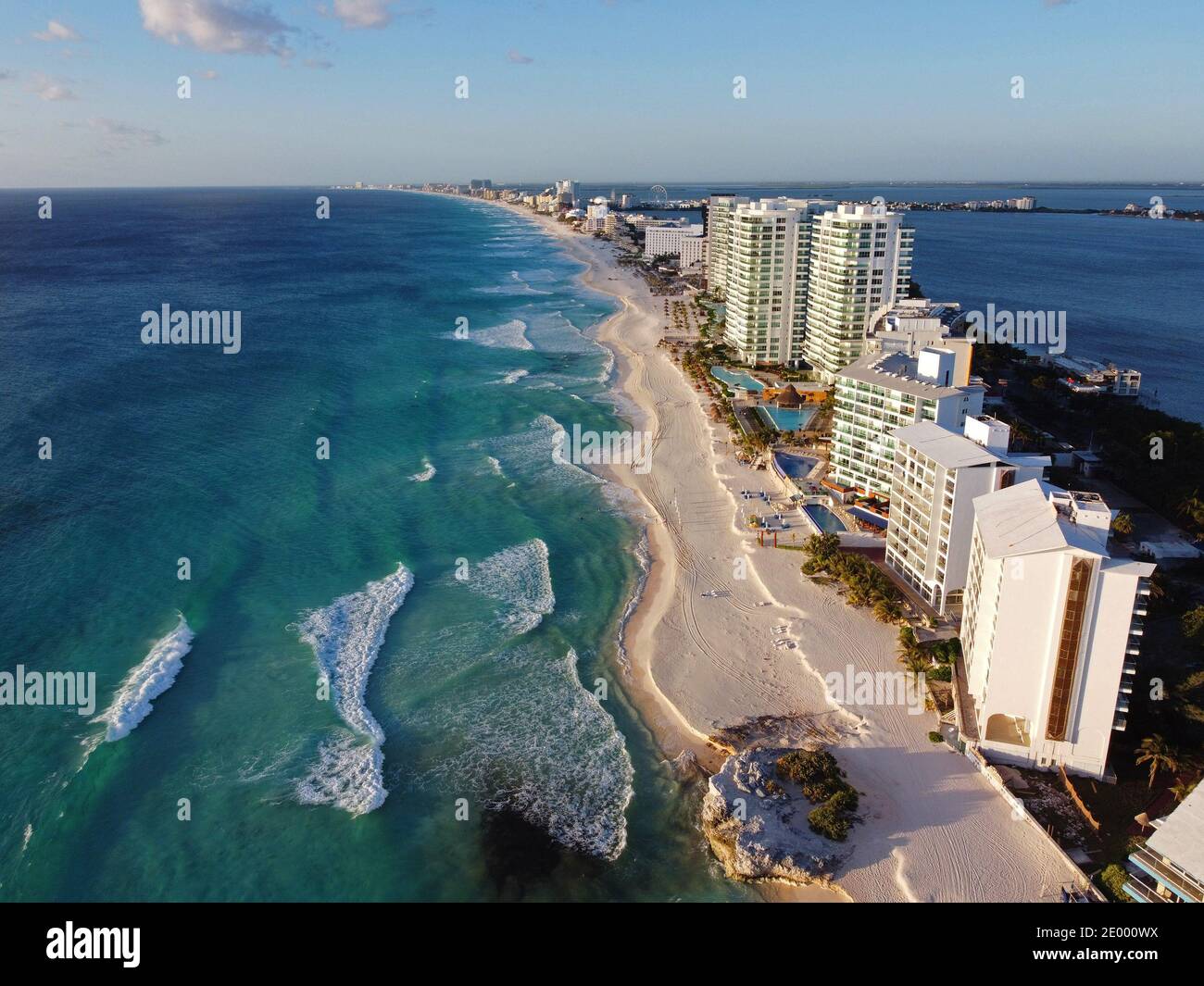 Cancun Chac Mool Beach and Porto Fino Resort aerial view in the morning ...