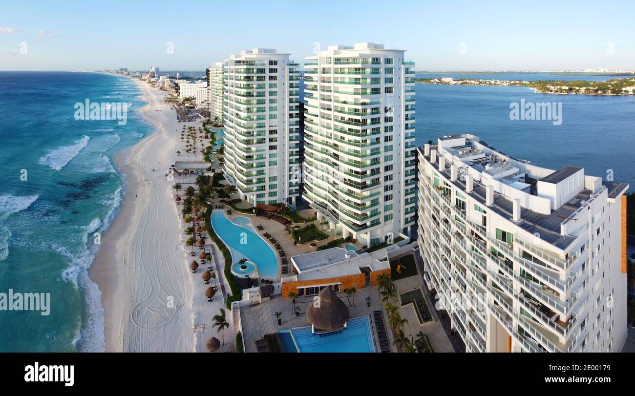 Cancun Chac Mool Beach and Porto Fino Resort panorama aerial view in ...