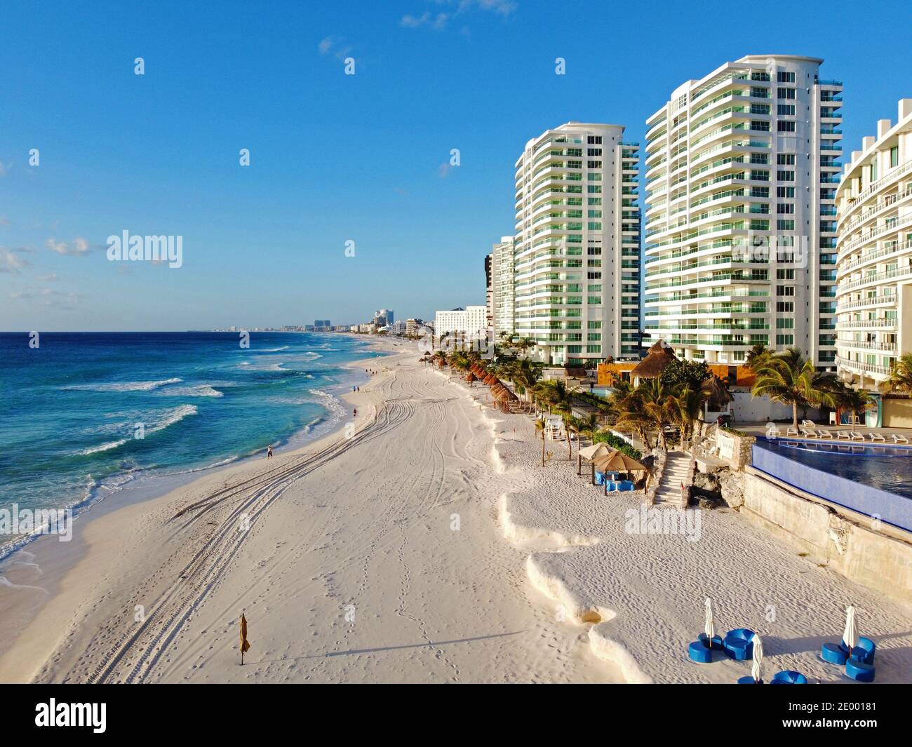 Cancun Chac Mool Beach and Porto Fino Resort aerial view in the morning ...