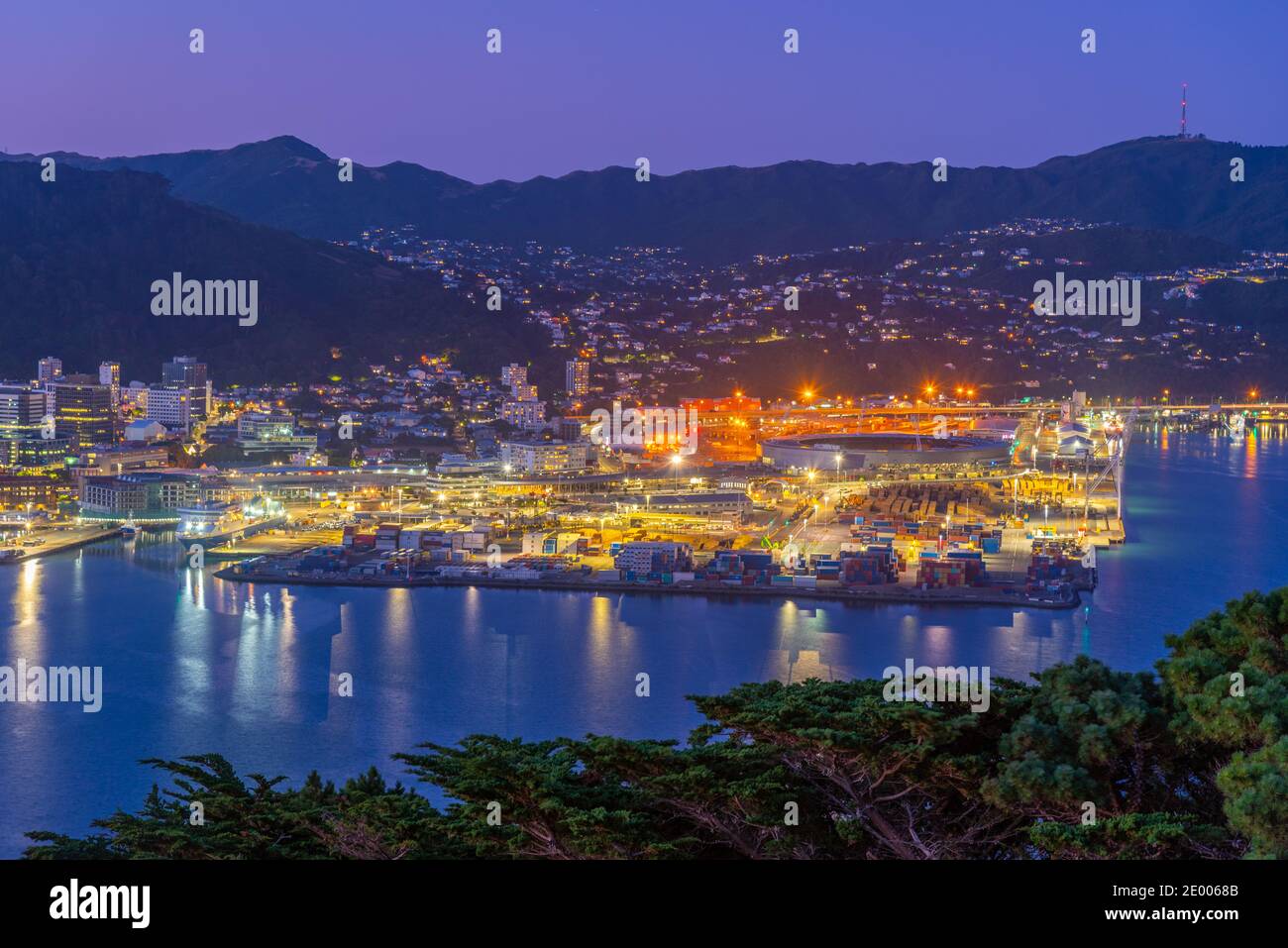 Night aerial view of container port in Wellington, New Zealand Stock ...
