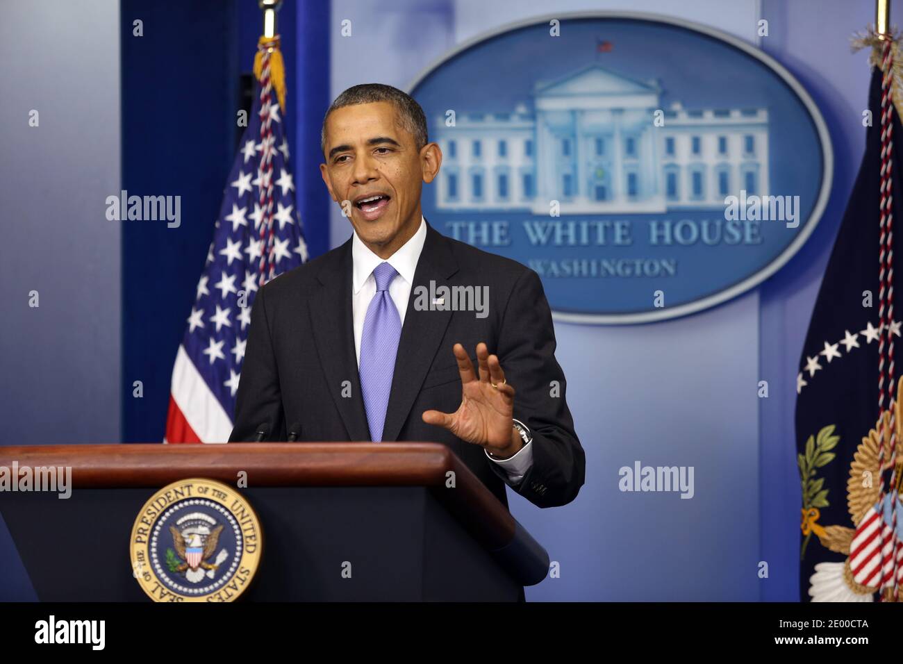 President Barack Obama makes a statement in the Brady Press Briefing ...