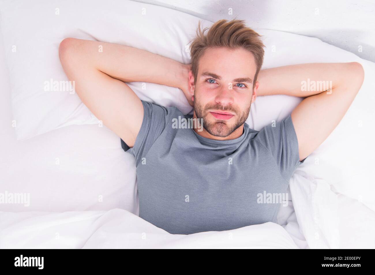 Bearded man face relaxing. Relaxing before fall asleep. Get enough ...