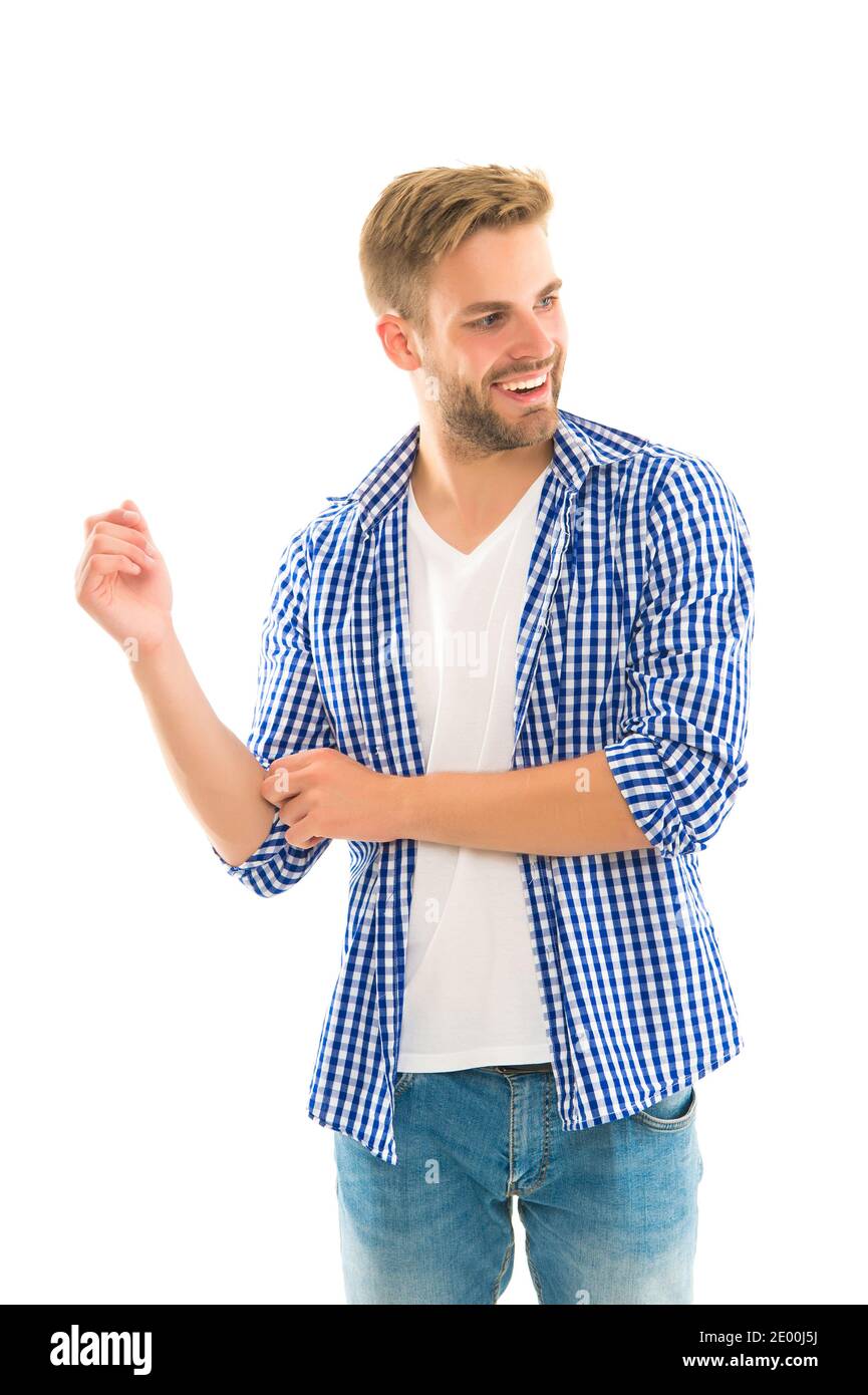 happy unshaven man with trendy hairstyle and checkered shirt denim ...