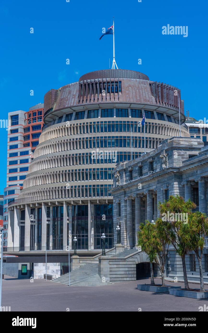 Beehive building of New Zealand Parliament in Wellington Stock Photo ...