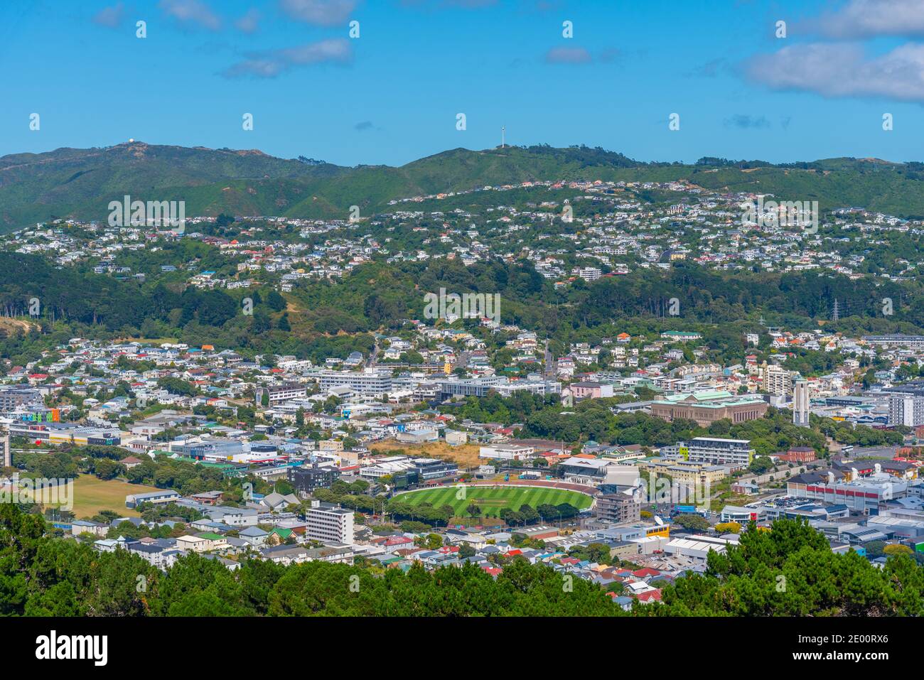 Aerial view of Basin reserve stadium, Dominion Museum Building and ...