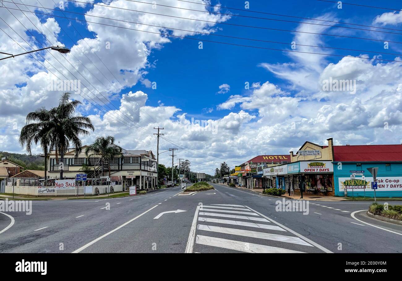 View of the main street of Esk, town established in 1872 and located ...