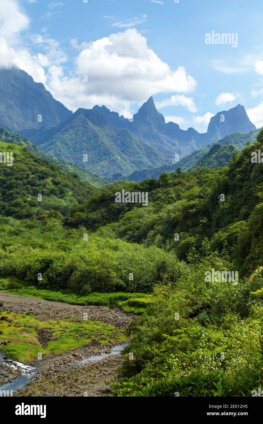 Papenoo valley in Tahiti. Mountains, blue sky. No People Stock Photo ...