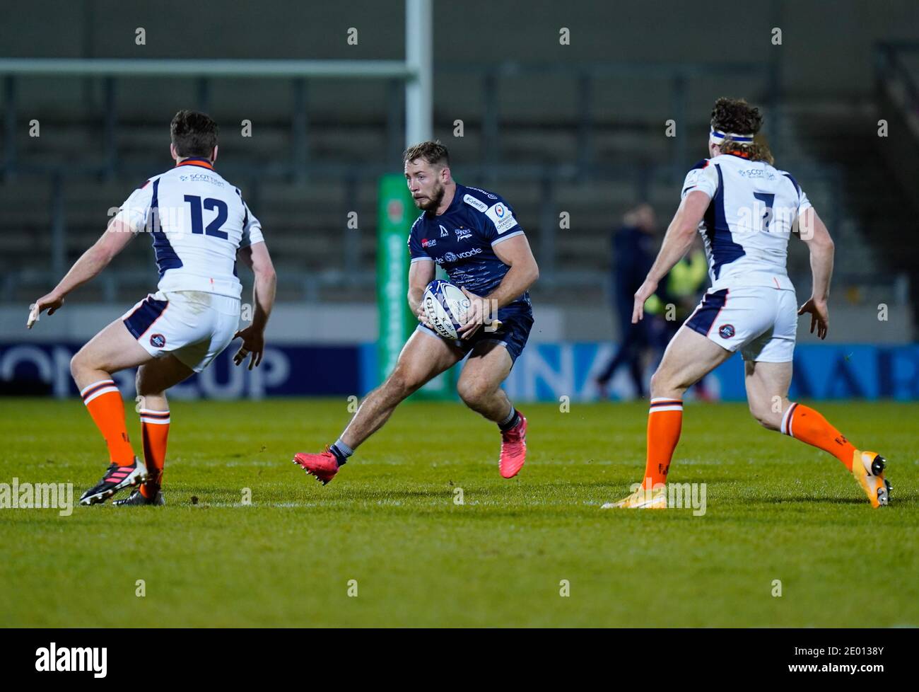 Sale Sharks centre Sam Hill spots a gap in the Edinburgh Rugby defence ...