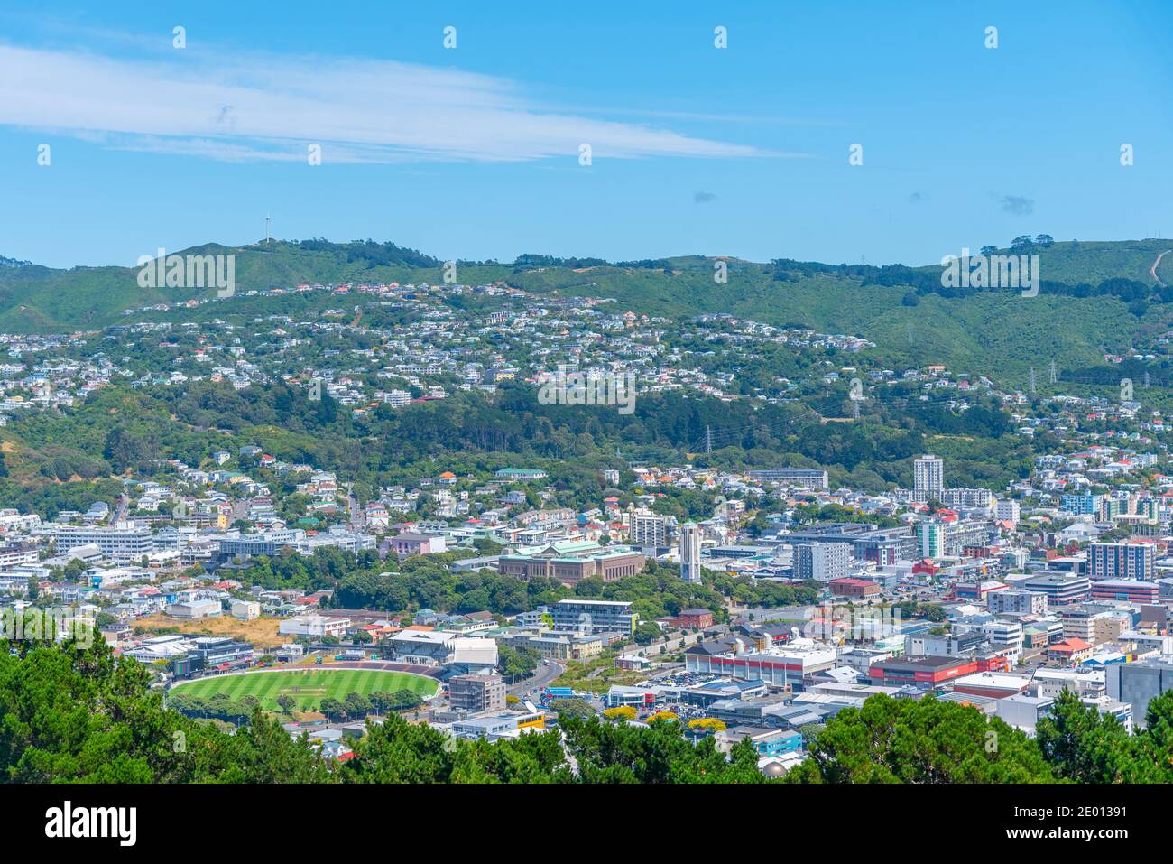 Aerial view of Basin reserve stadium, Dominion Museum Building and ...