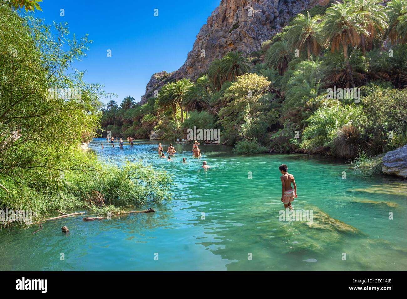 Preveli beach at Libyan sea, river and palm forest, southern Crete ...