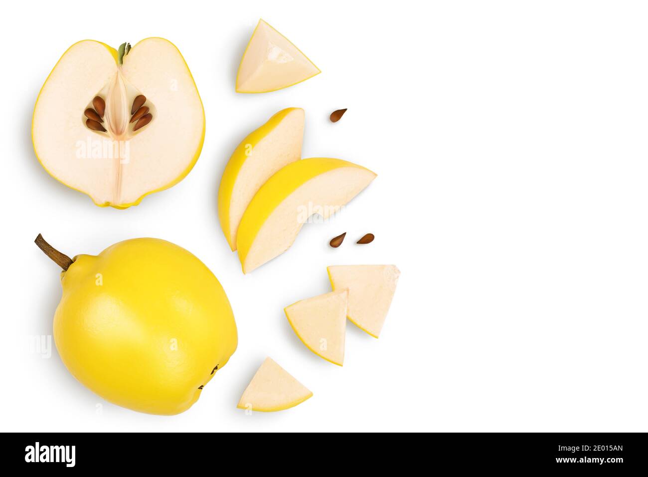 Fresh quince with half and slices isolated on the white background with ...