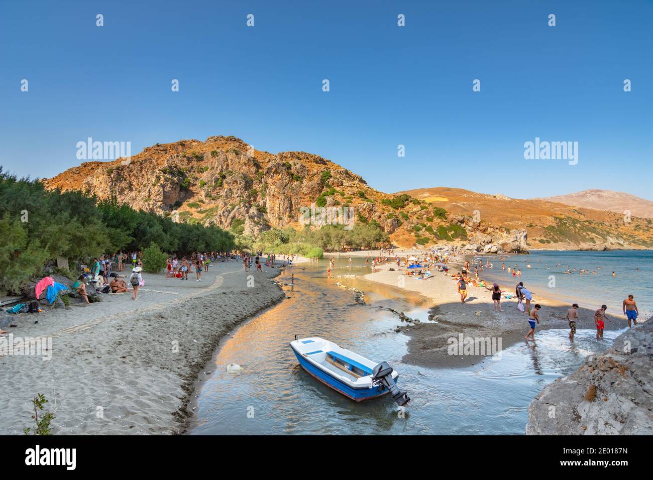 Preveli beach at Libyan sea, river and palm forest, southern Crete ...