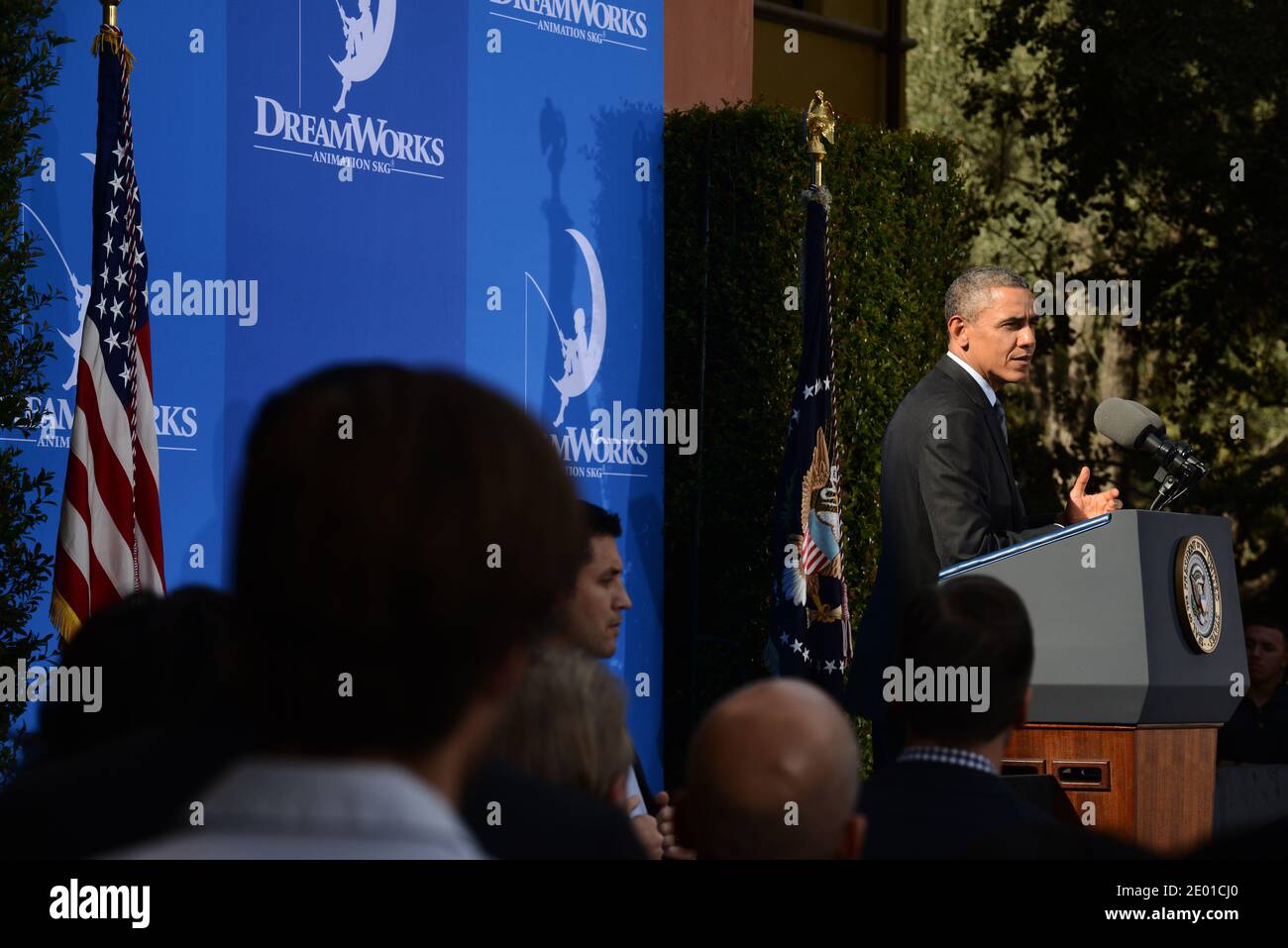US President Barack Obama speaks on the economy at DreamWorks Animation ...
