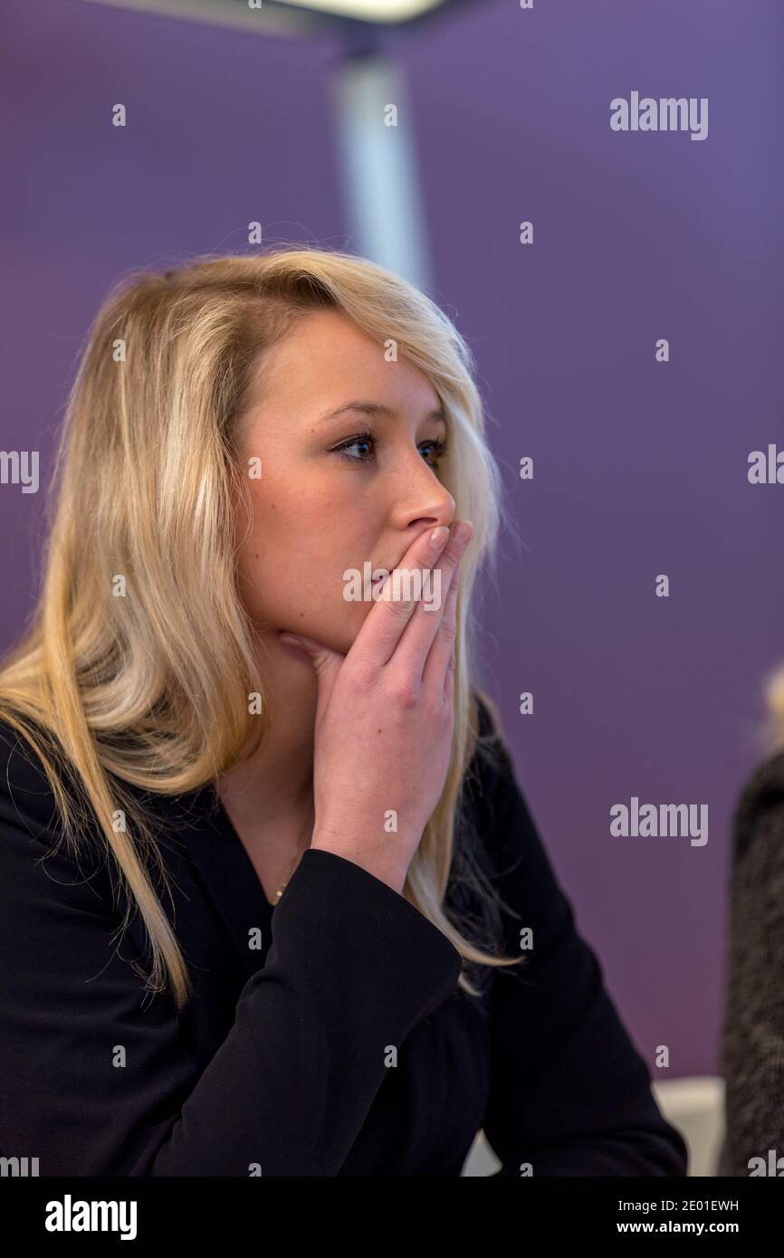 FN's MP Marion Marechal-Le Pen attends a press conference in Mazan ...