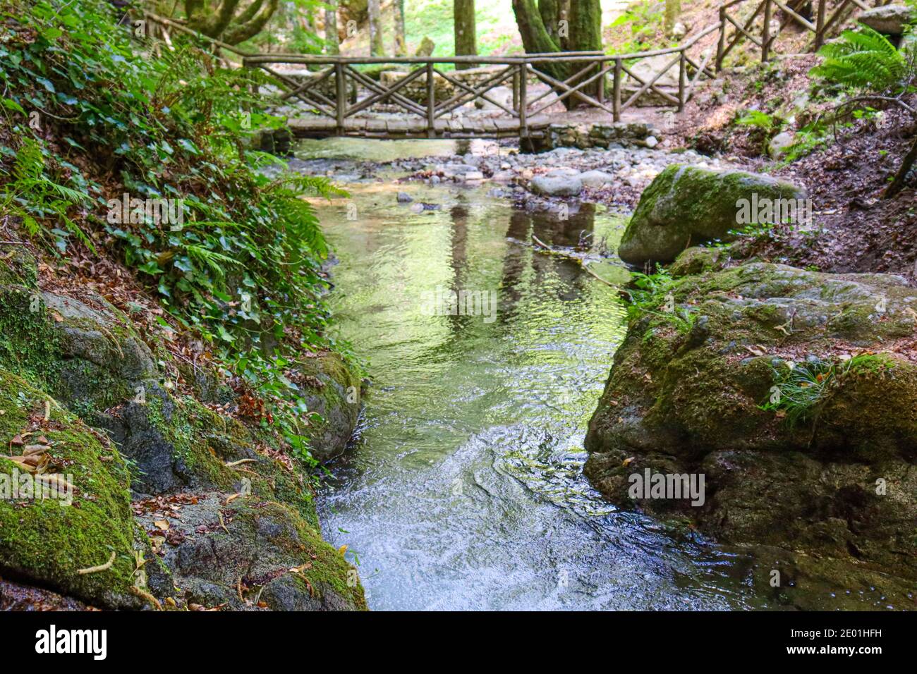 river in the mountains with stone path and wooden bridge Stock Photo ...