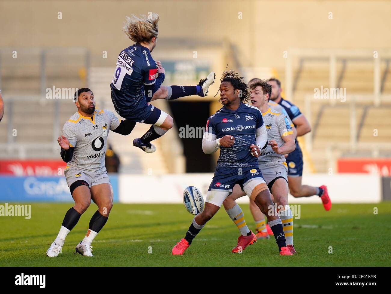 Sale Sharks scrum-half Faf De Klerk takes an acrobatic catch during the ...