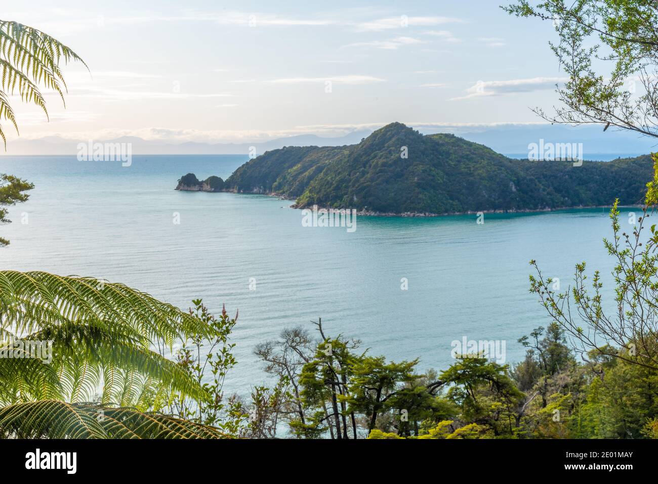 Aerial view of Adele island at Abel Tasman national park in New Zealand ...