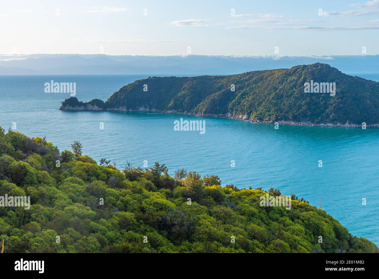 Aerial view of Adele island at Abel Tasman national park in New Zealand ...