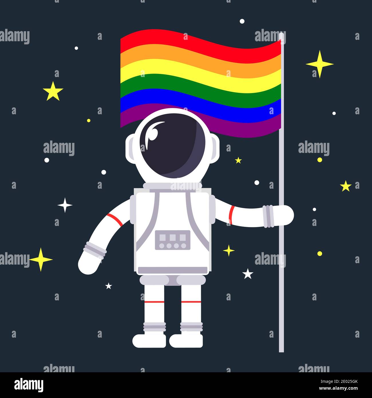 Astronaut holding a big gay flag in hand on dark background with stars ...