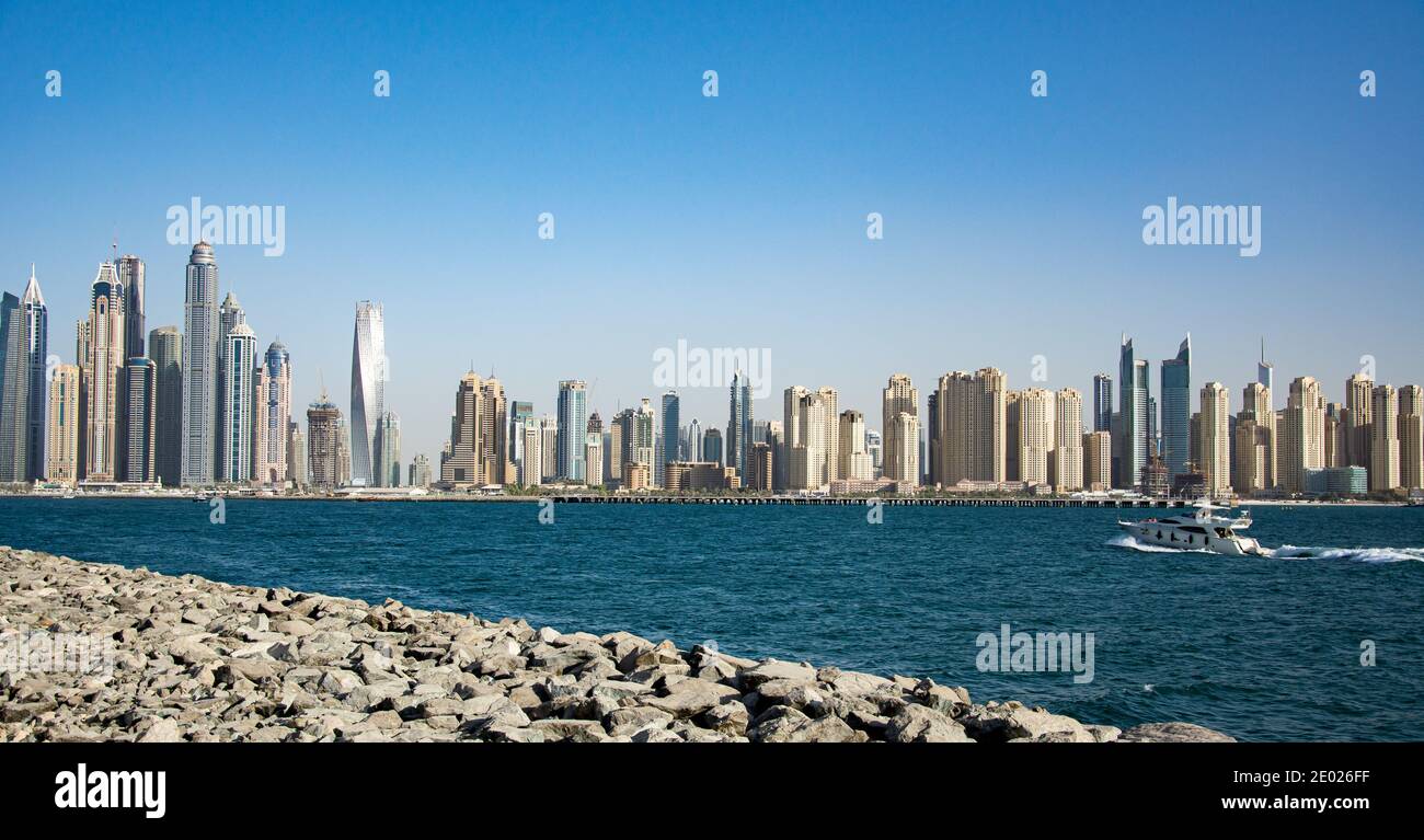 Dubai Marina Skyline with yacht in front. UAE Stock Photo - Alamy