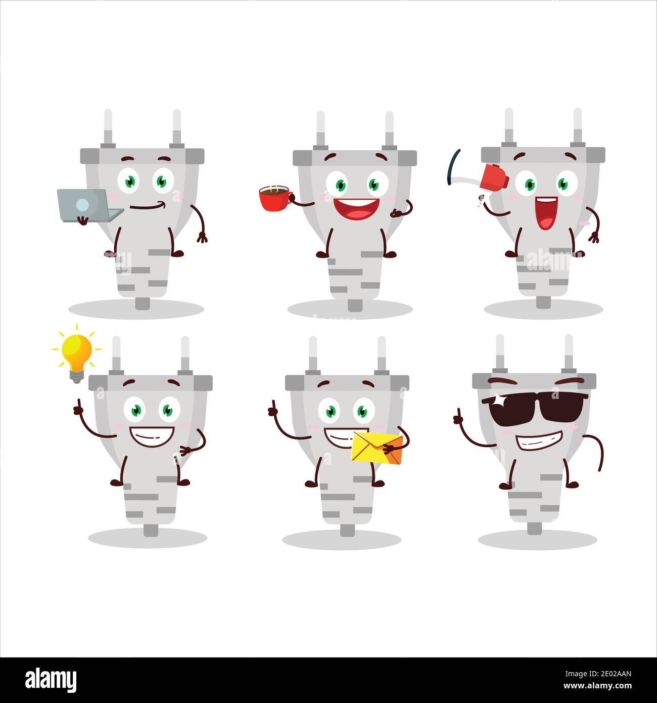 White plug cartoon character with various types of business emoticons ...