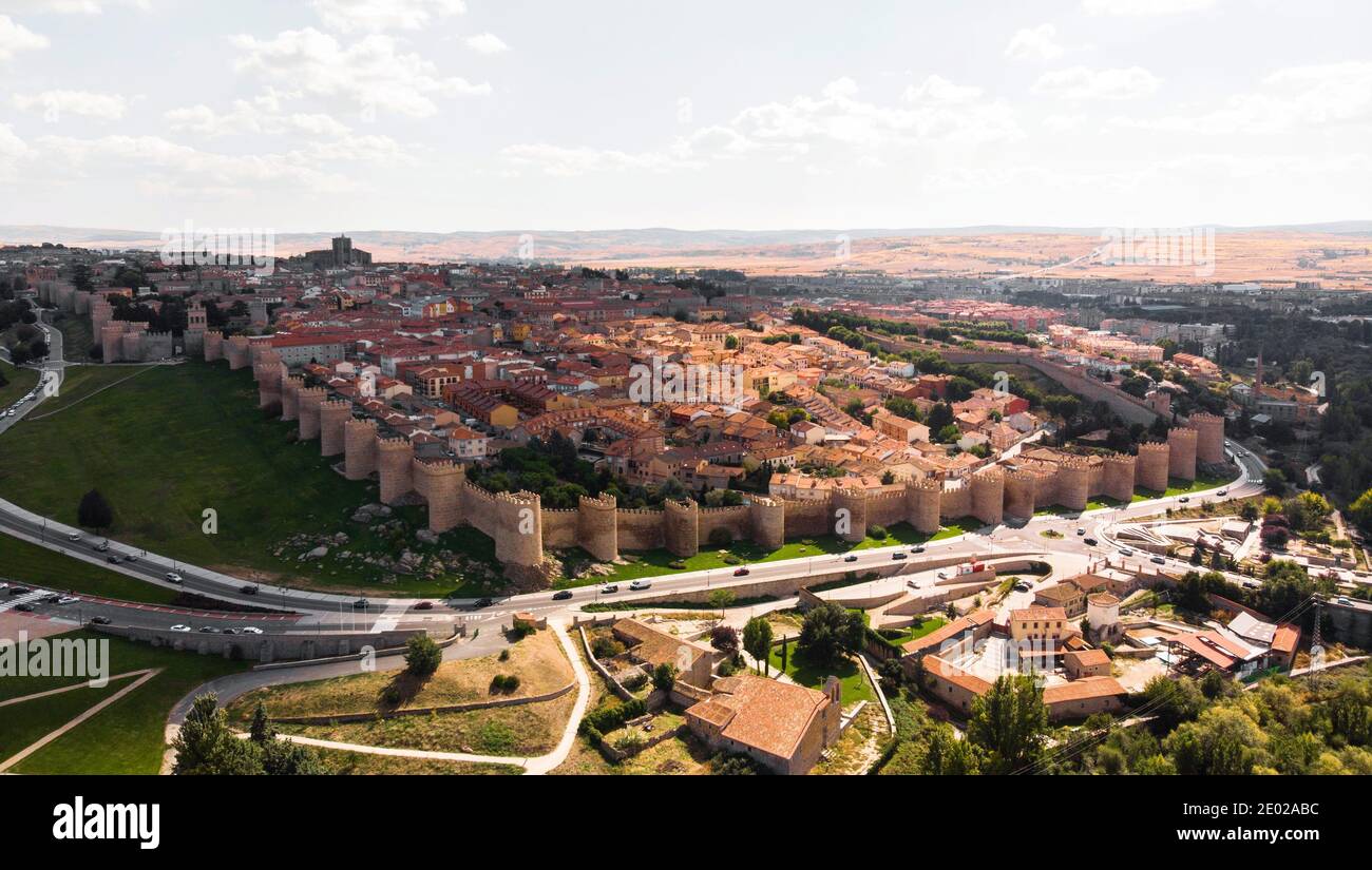 Aerial panoramic view of historical medieval fortress city town stone ...