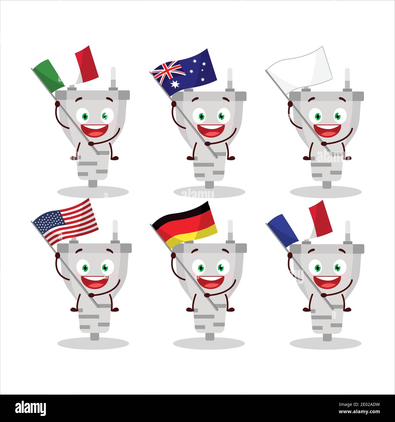 White plug cartoon character bring the flags of various countries ...