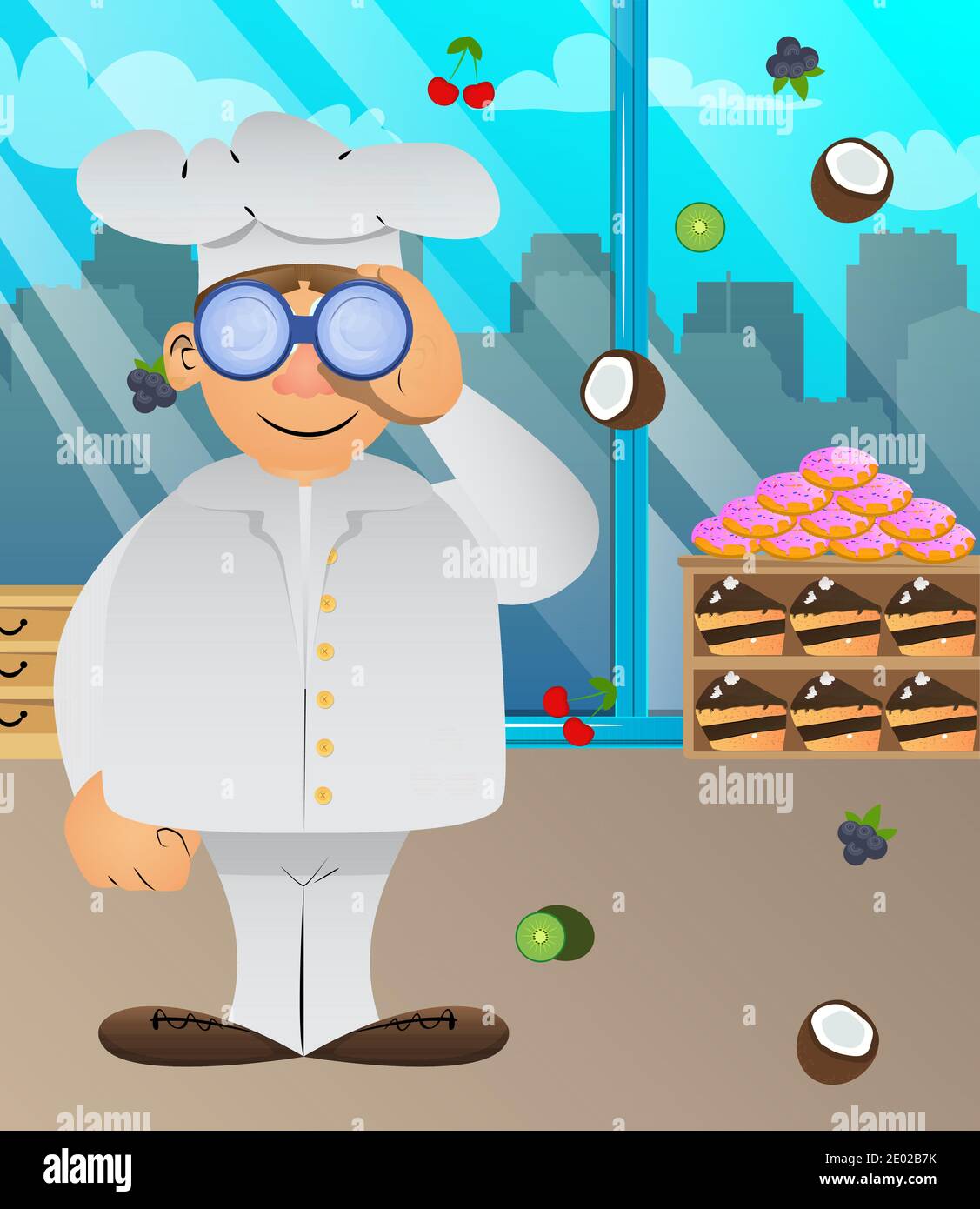 Fat male cartoon chef in uniform looking through binoculars. Vector ...