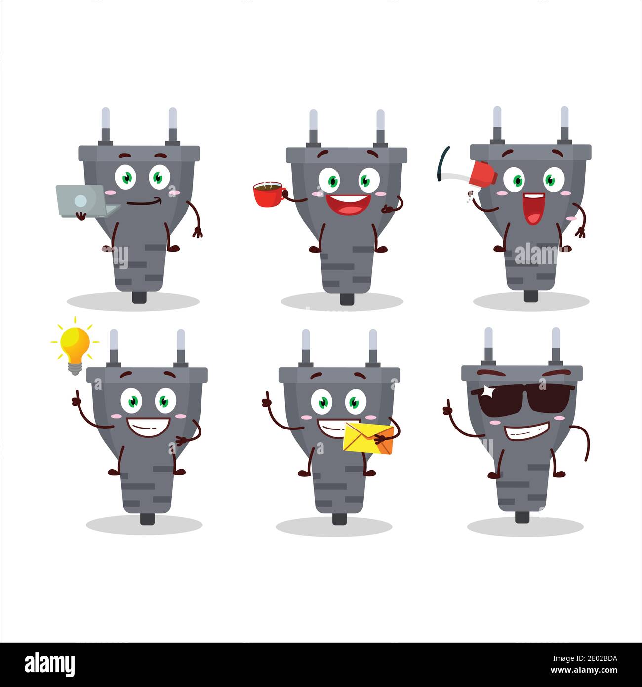 Black plug cartoon character with various types of business emoticons ...