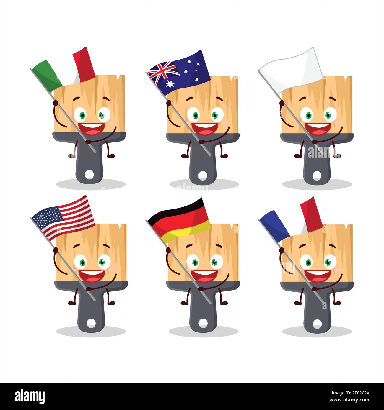 Paint brushes cartoon character bring the flags of various countries ...