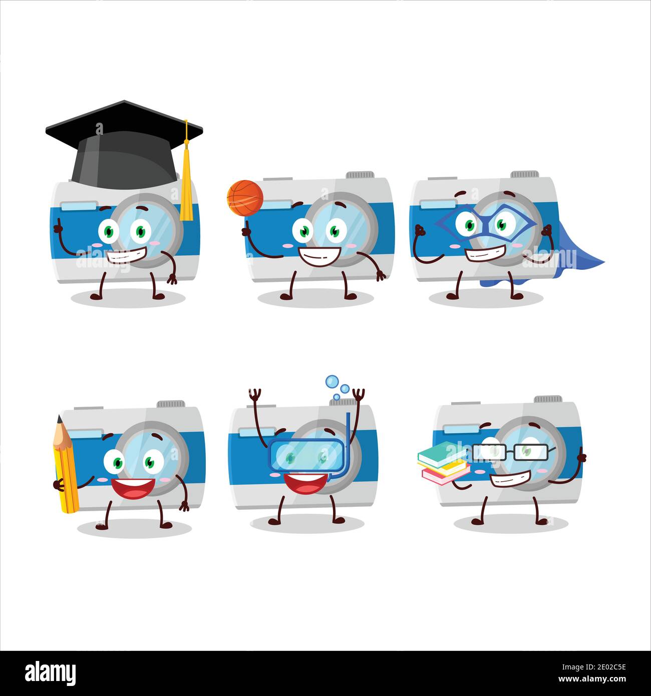School student of pocket camera cartoon character with various ...