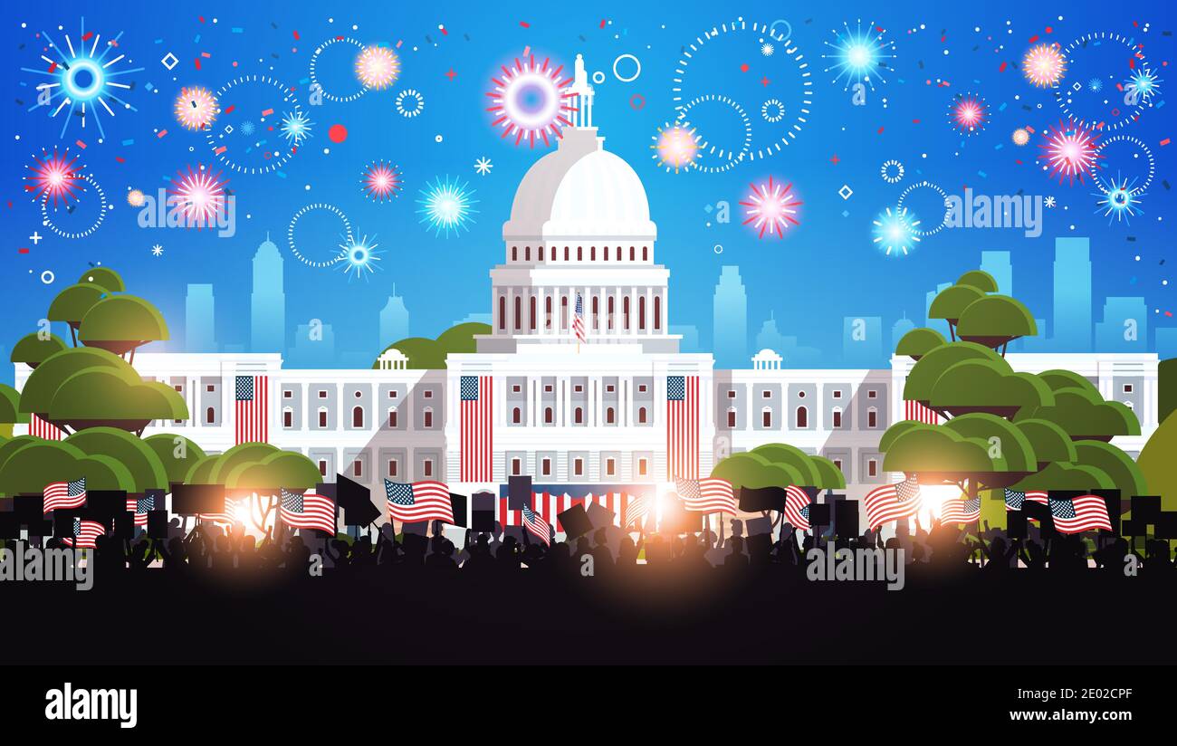 people silhouettes holding american flags near white house building USA ...