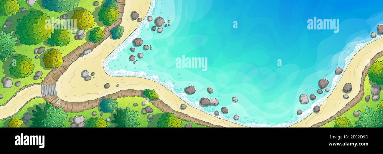 Beach with trees and stones, top view. Hand drawn vector illustration ...